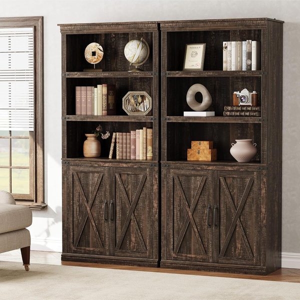 Millwood Pines Duanna 5 Tier Bookcase with Cabinet, Farmhouse BookShelf with Storage Doors, for ...